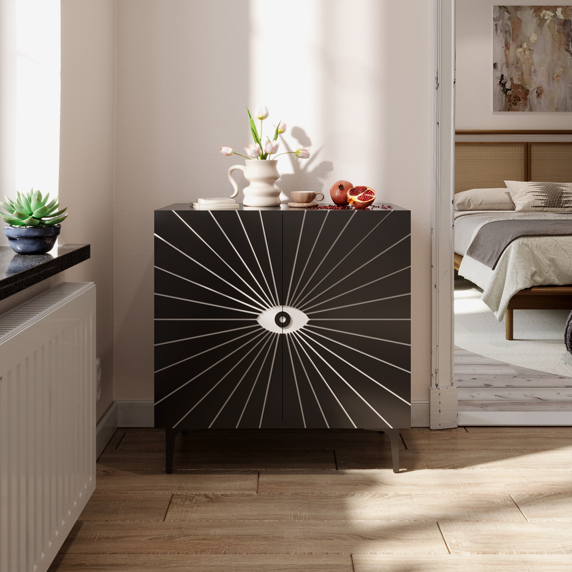 LOVMOR Modern Eye Pattern 2 Door Wooden Accent Cabinet Adjustable ...