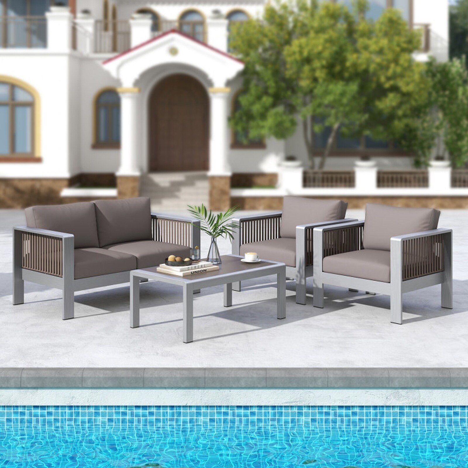 SUGIFT 40-in Outdoor Rectangle Coffee Table with Tempered Glass Top ...