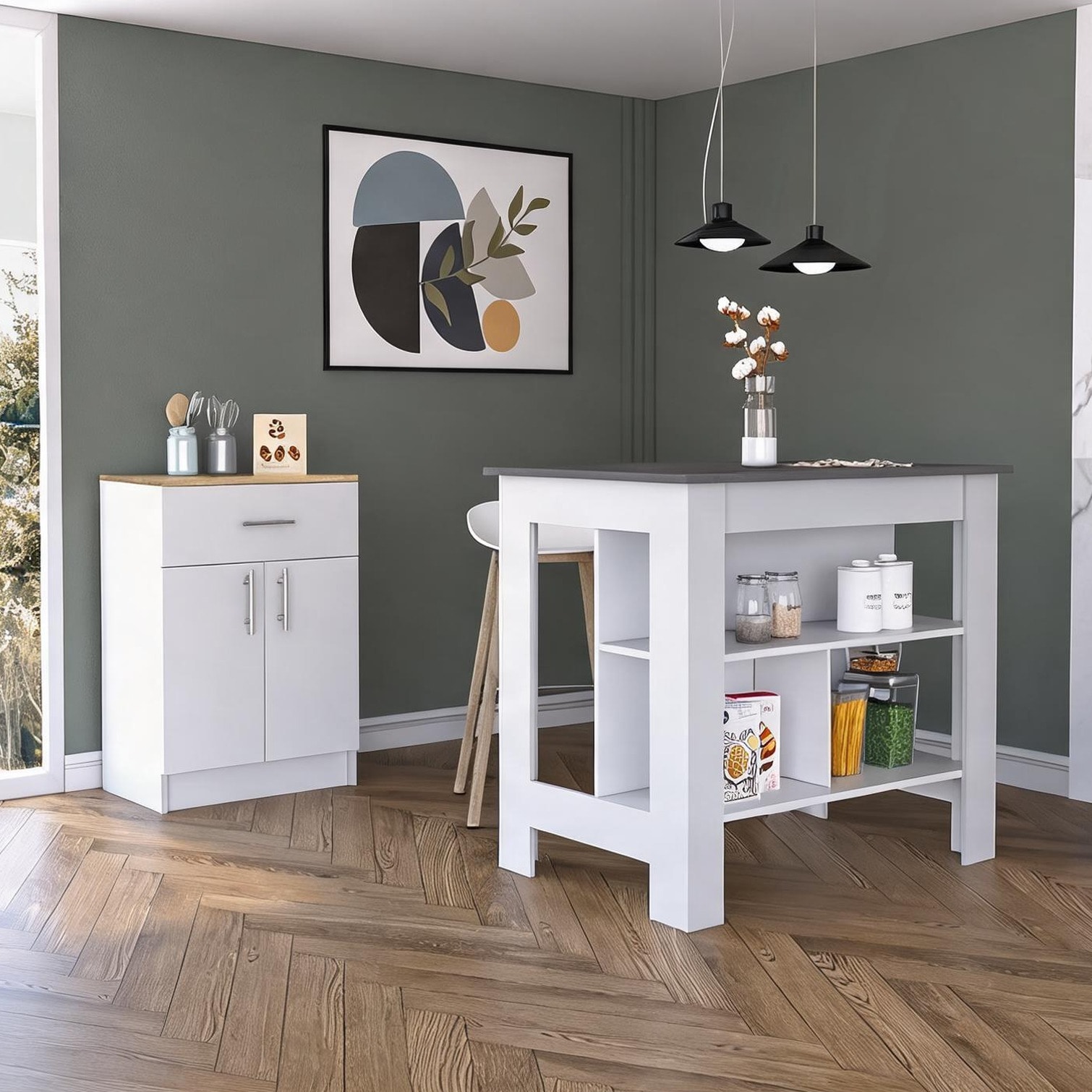 SunJet Modern Rectangular Kitchen Island Set in Clean White with Self ...