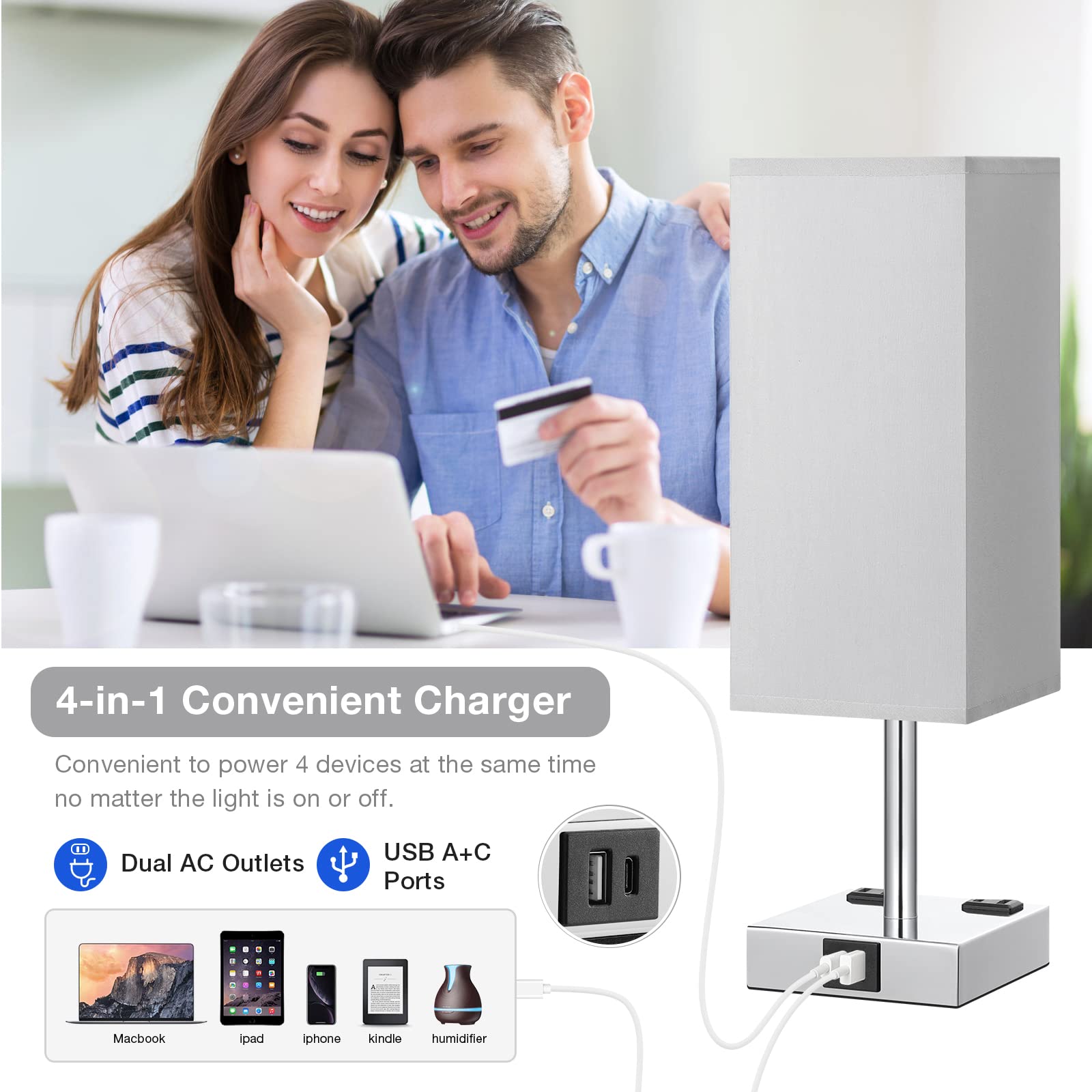 Vrbgify 1 Pack 3 Way Dimmable Touch Table Lamp with USB A and C ...