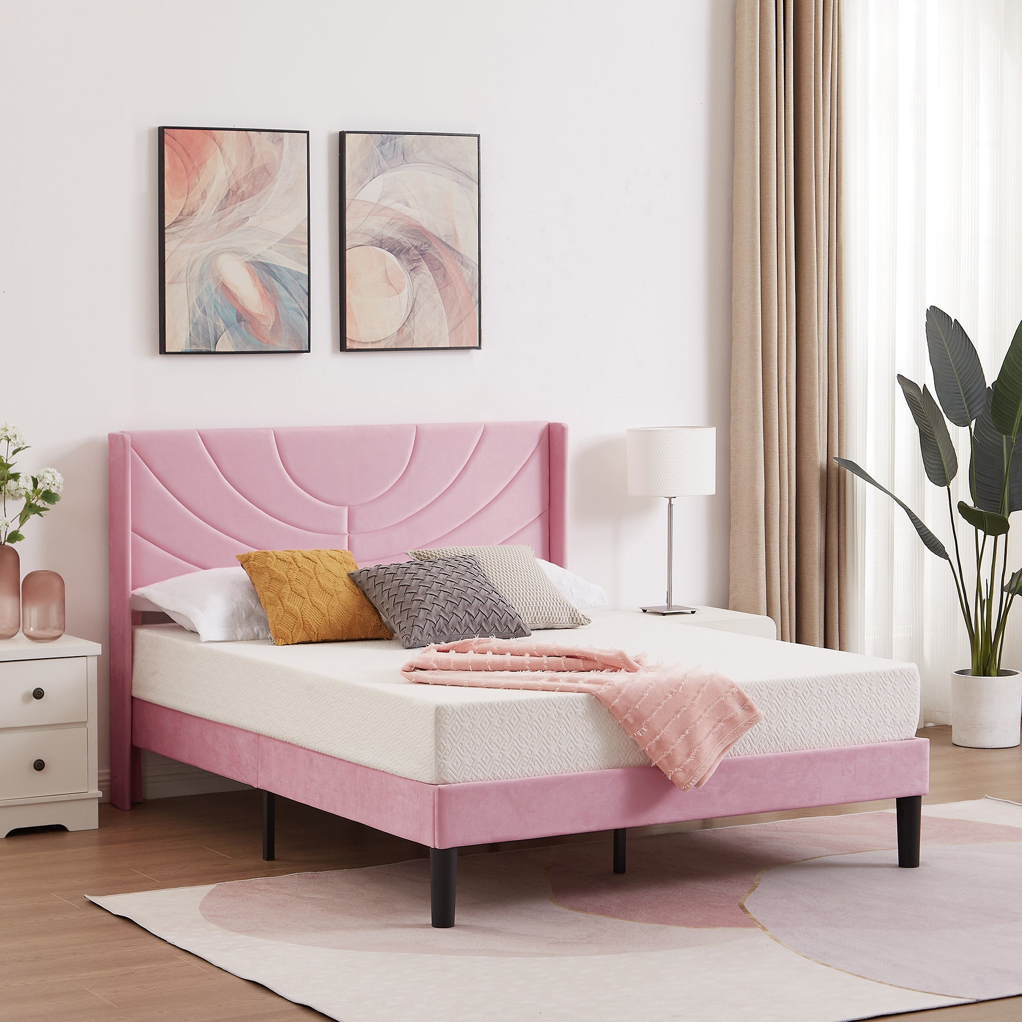 Vecelo Queen Size Upholstered Platform Bed Frame with Adjustable ...