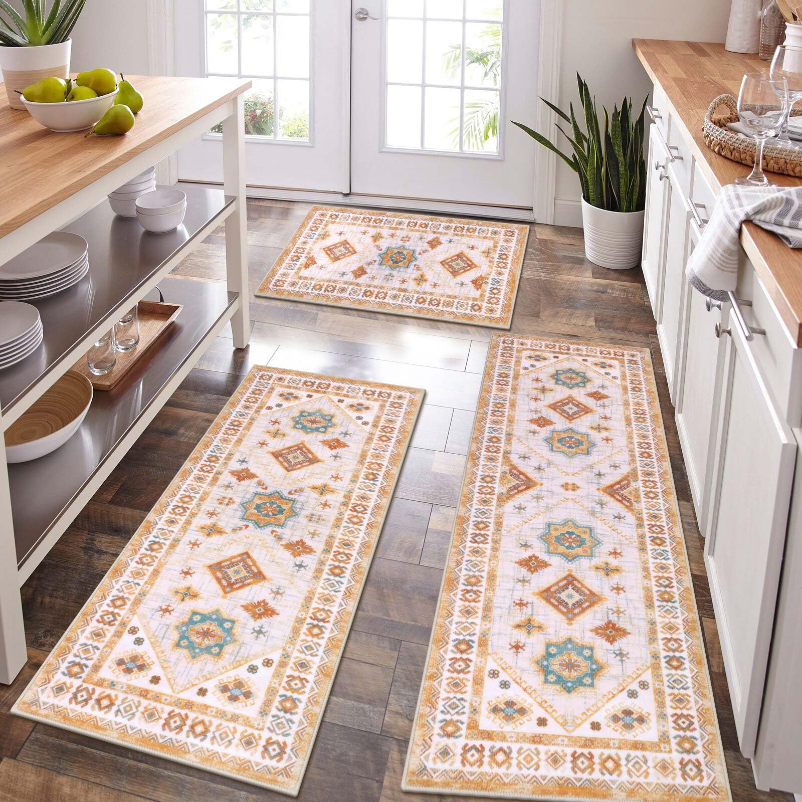 OMOMMD Boho Kitchen Rug Sets 3 Piece with Runner Non Slip Washable ...