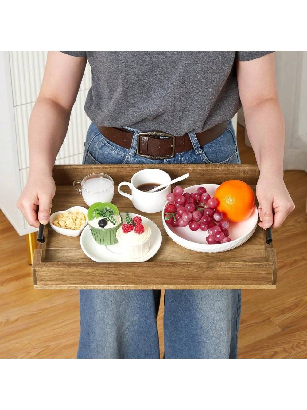 Qeetex Acacia Serving Tray With Metal Handles. 17 In Wood Serving Tray ...