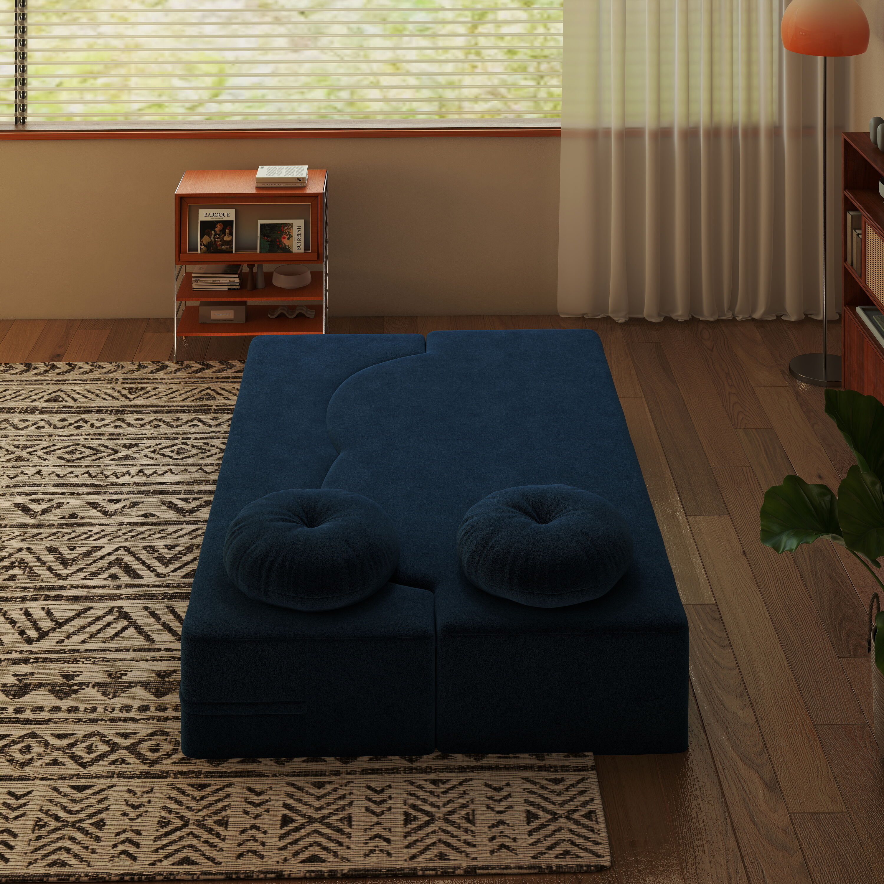 Flynama Modern Blue Floor Sofa Bed 2 Pillows Convertible Corduroy ...