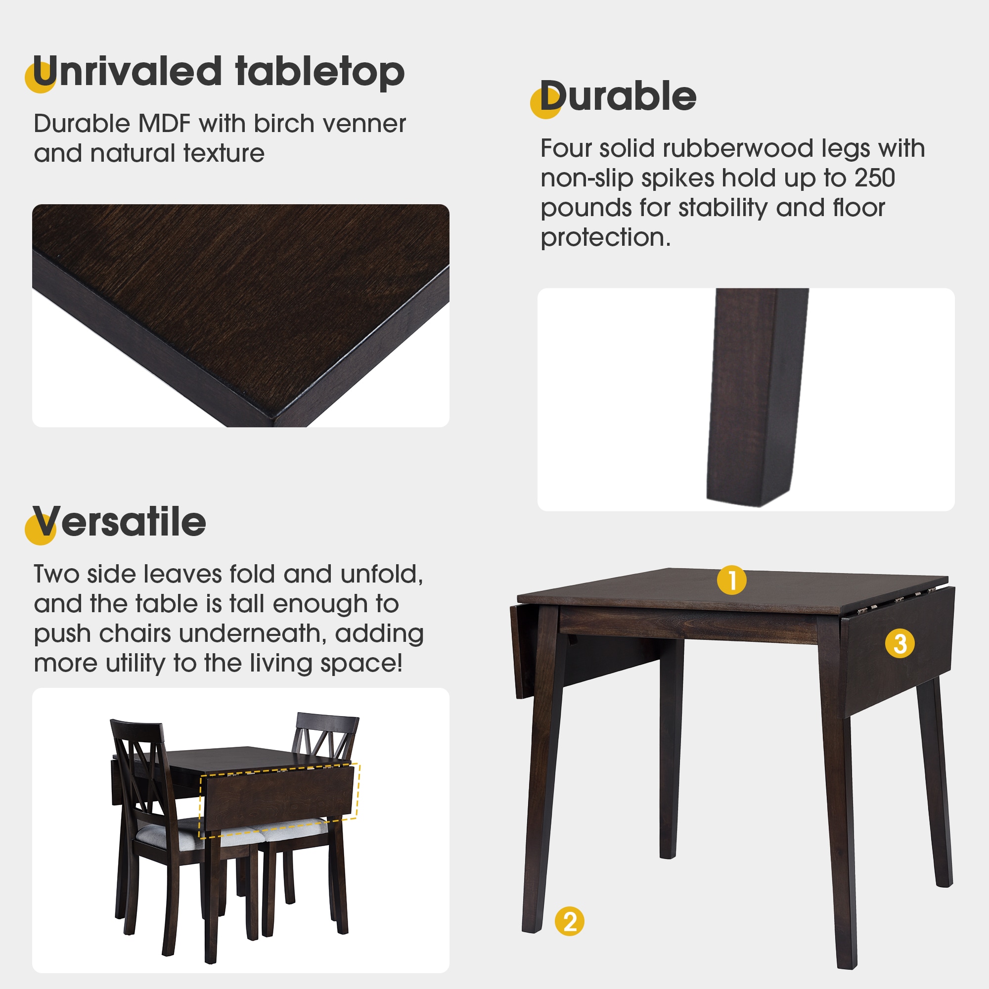 ModernLuxe 3 Piece Kitchen Dining Set with Drop Leaf Dining Table and 2 ...