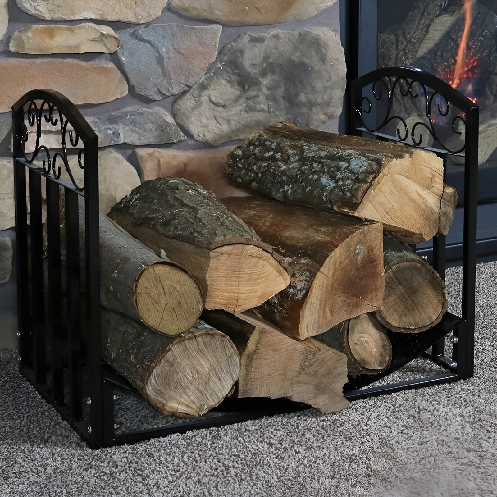 Slickblue Black Metal Firewood Rack - Scrollwork Design Keeps Wood Off ...