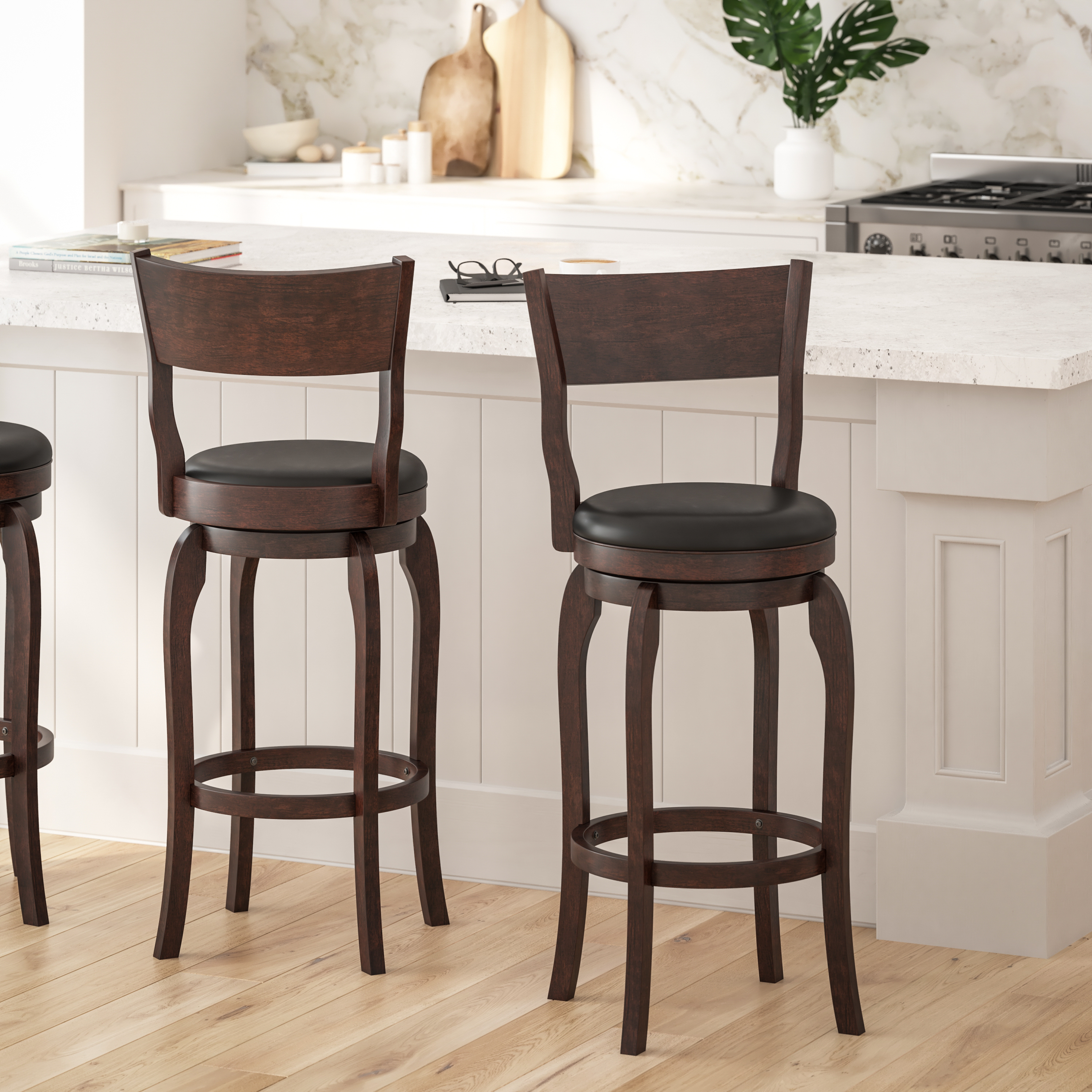 Merrick Lane Tally 30-in Espresso Classic Wooden Open Back Swivel Bar Height Pub Stool with ...