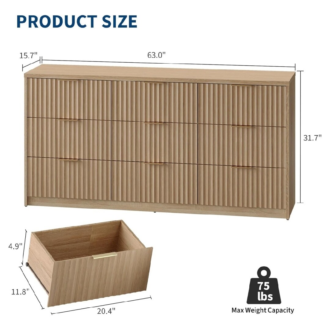 Garvee Wood Color Modern Dresser With Nine Drawers Fluted Front ...