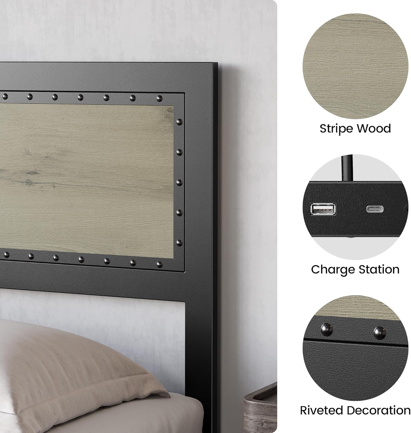 GAOMON Queen Size Bed Frame with Wood Rivet Headboard and Footboard ...