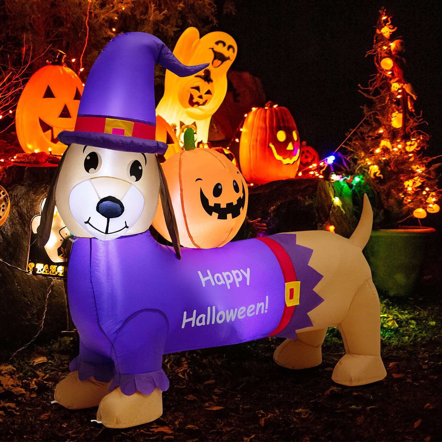 Costway 5 FT Long Halloween Inflatable Dachshund Dog with Pumpkin Self ...