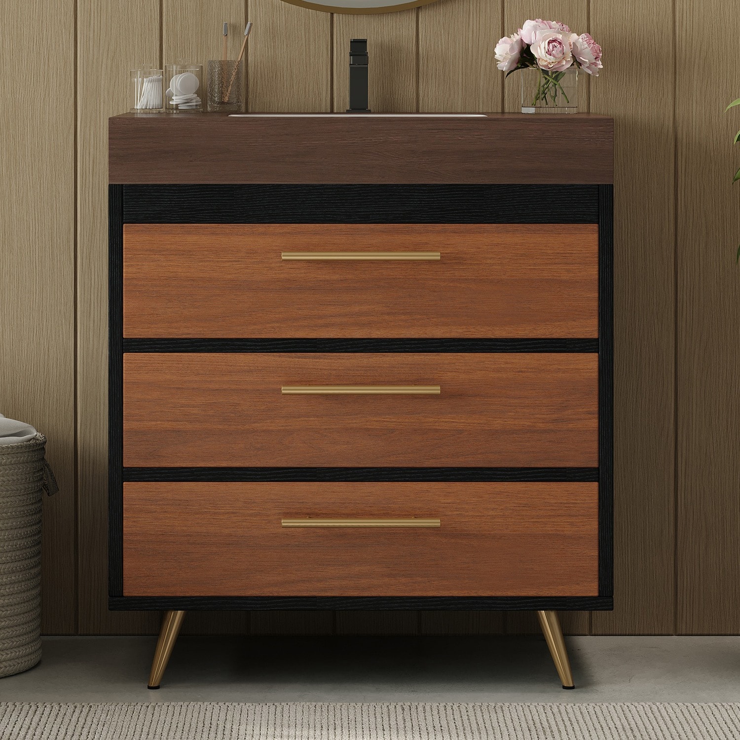 Watnature Sintered Stone Top Modern Free-Standing Bathroom Vanity with ...