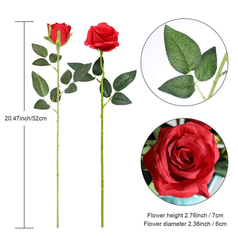 Phewnyzo 12 pcs Artificial Silk Red Roses Long Stem Realistic Flowers ...