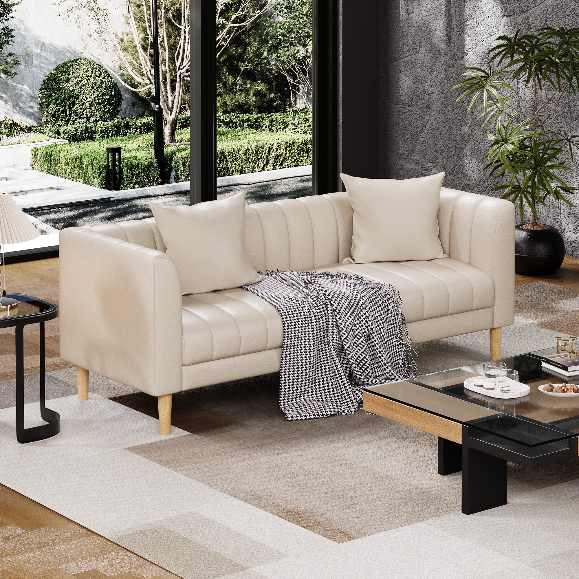 IdealHouse Beige Comfortable Sponge Filling 3 Seater Sofa Modern Faux ...