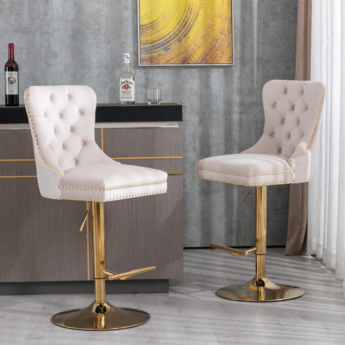Maison Boucle Set of 2 Beige Velvet Adjustable Swivel Bar Stools with ...
