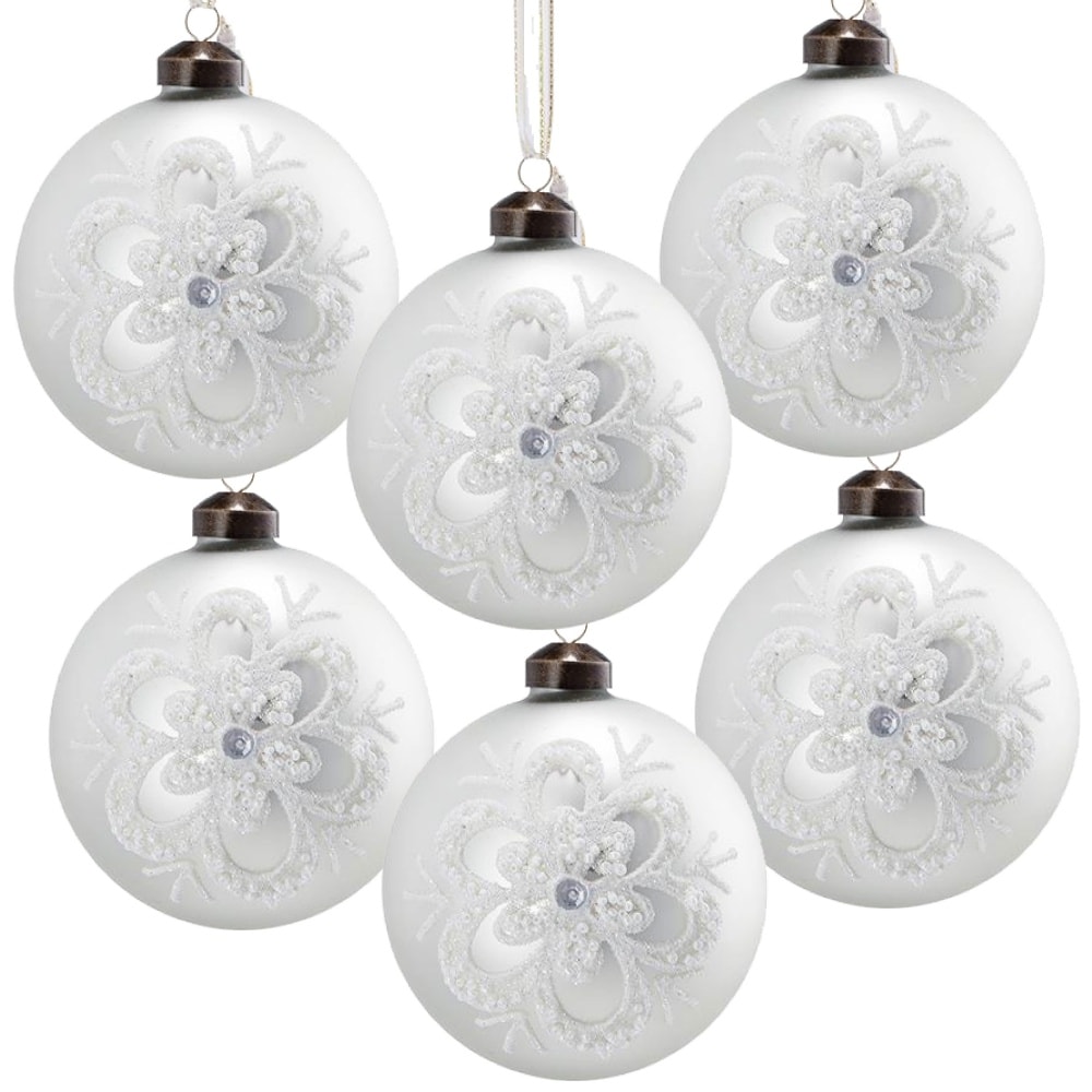 Upsimples 6 Pack 3.9 Inch White Glass Christmas Ornaments Glitter ...