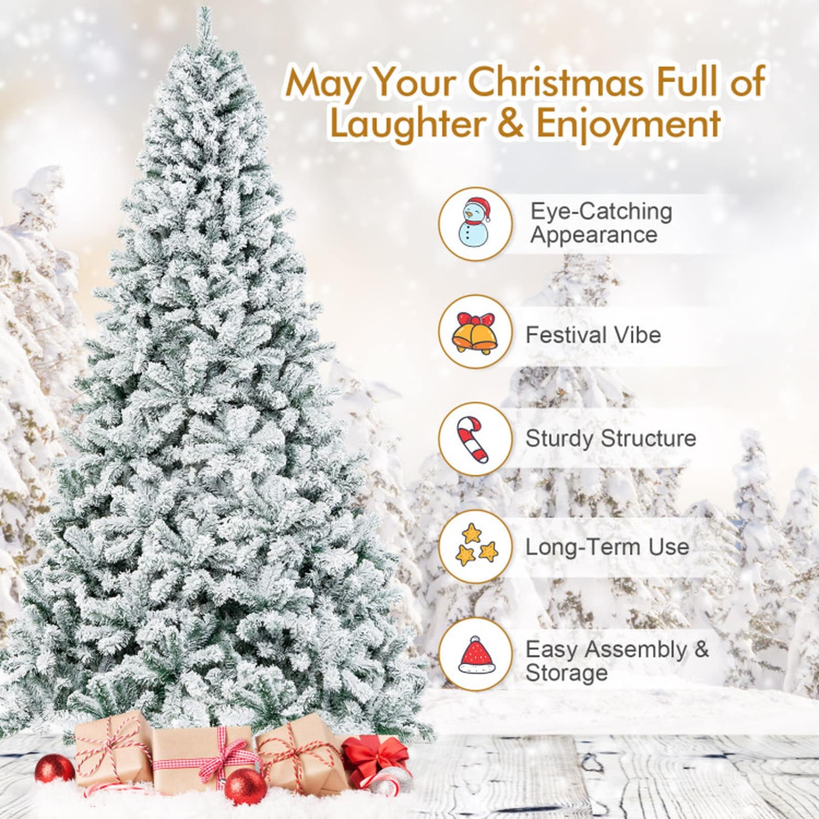 SUGIFT 9-ft Snow Flocked Artificial Christmas Tree Hinged 1498 Branch ...