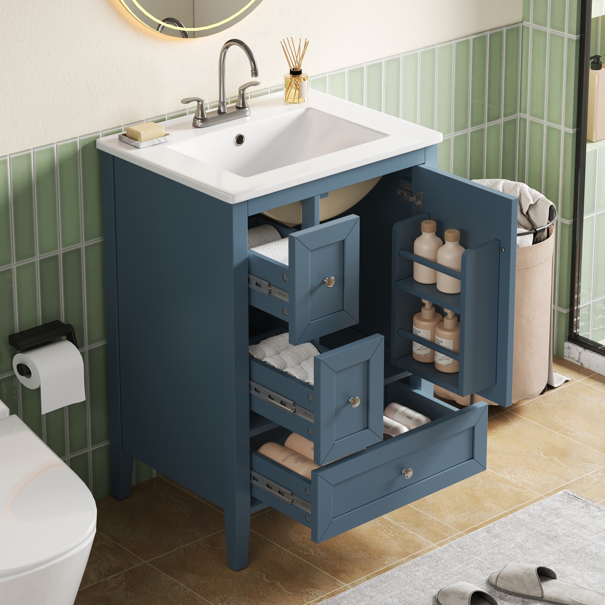 LOVMOR Freestanding Blue Gray 24-in Single Sink Bathroom Vanity with ...