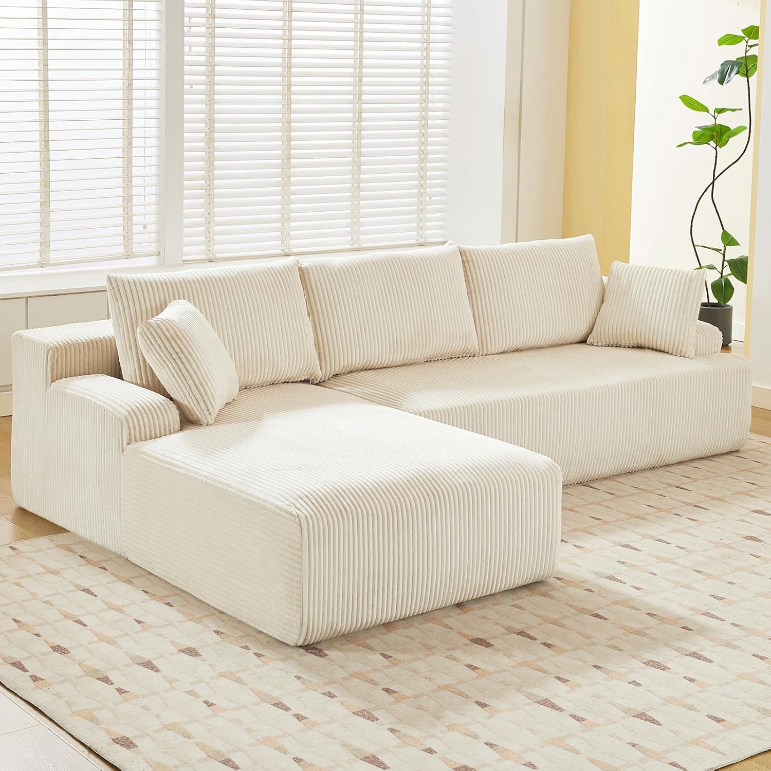 Qeetex 106 in. Beige Corduroy Sectional Sofa with L-Shape Chaise and ...