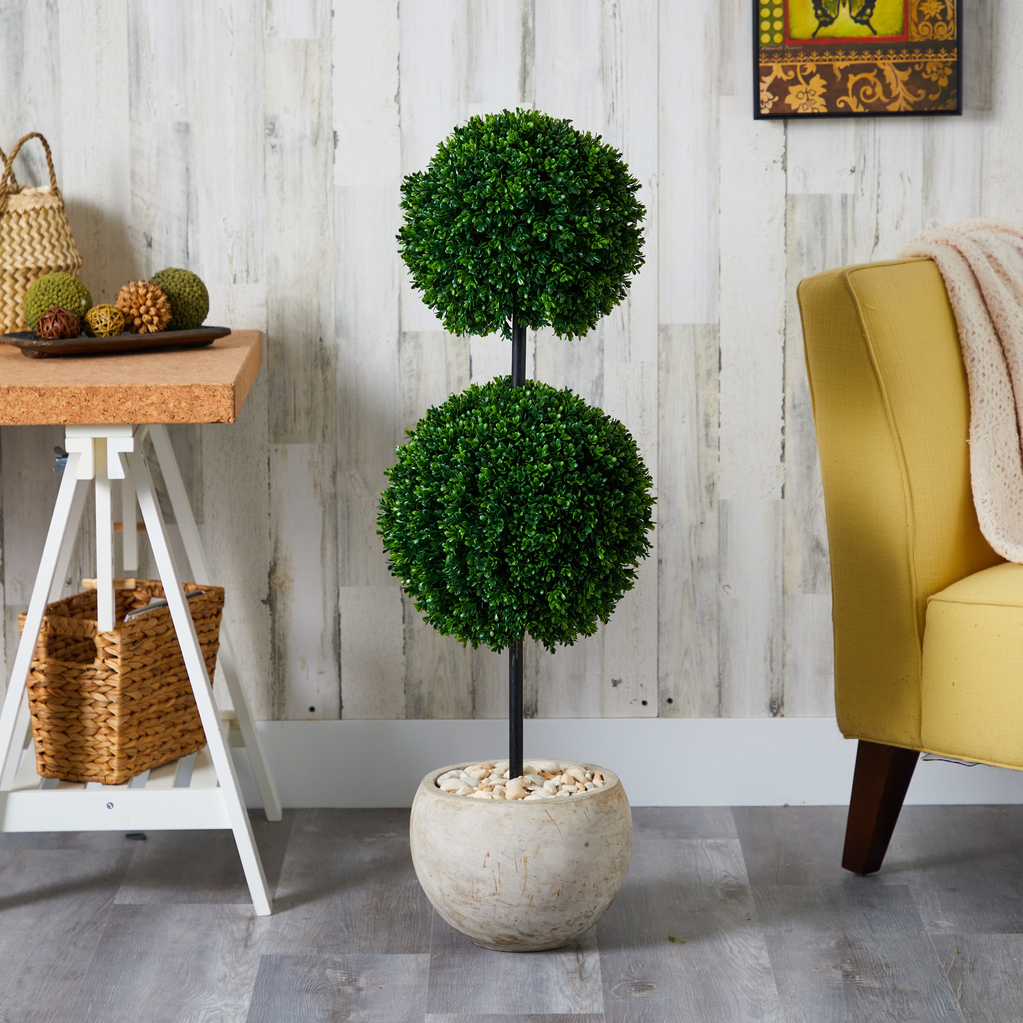 Nearly Natural 45-in Boxwood Double Ball Artificial Topiary Tree in ...