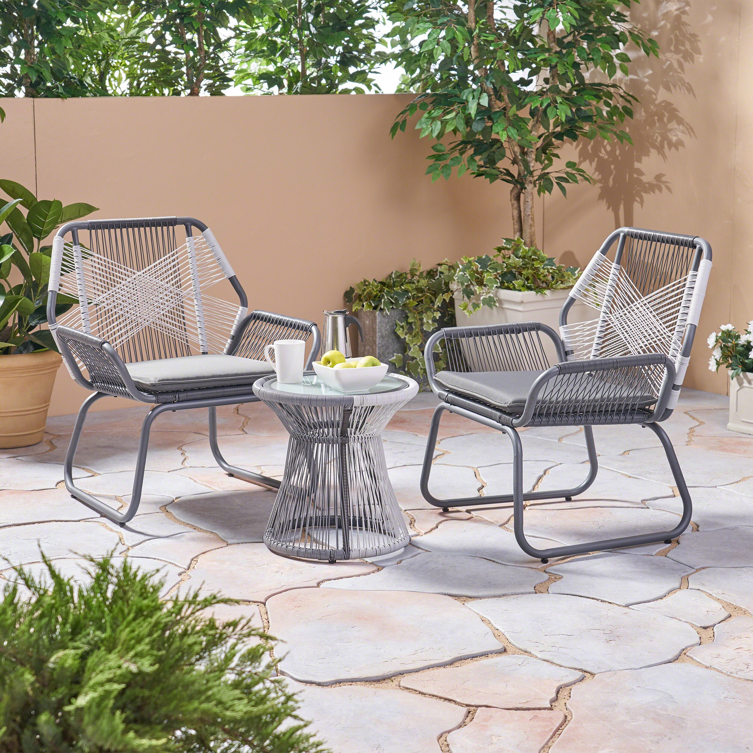DYHOME 3 Piece Outdoor Wicker Patio Bistro Set With 2 Chairs and Side ...