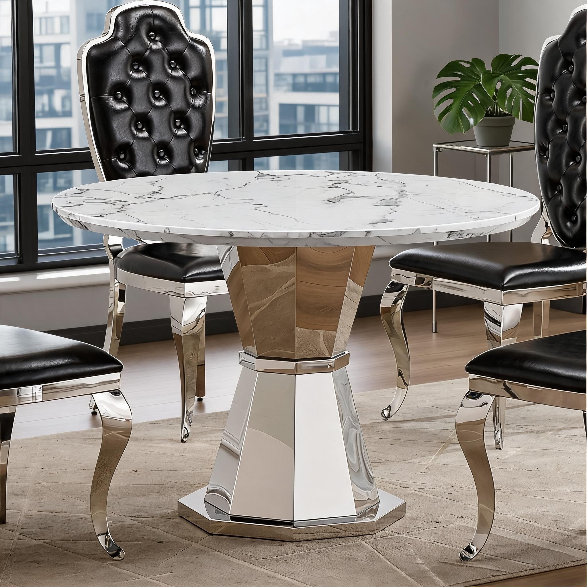 Watnature Modern Round Dining Table 4-Seater High Gloss Fautimes Marble ...