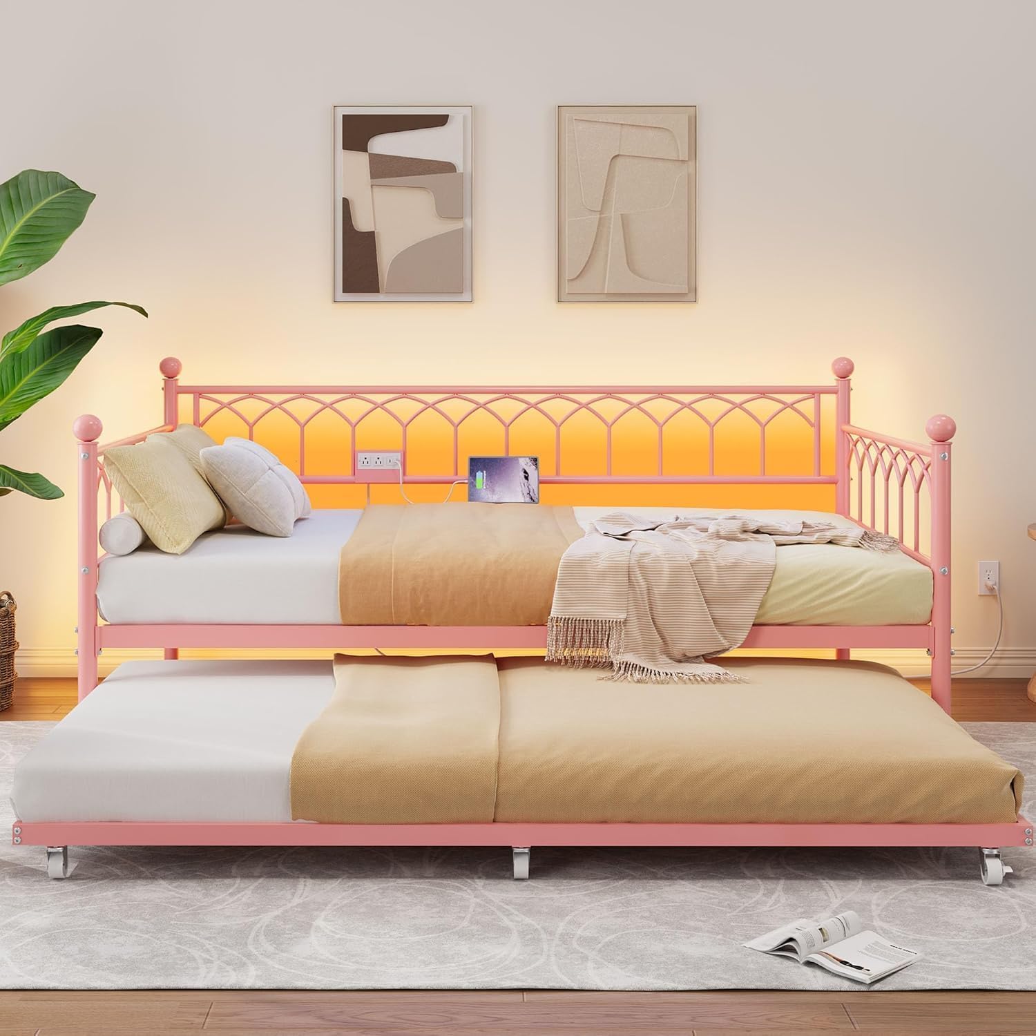 GAOMON Pink Twin Metal Daybed Frame No Trundle- Sofa Bed for Living ...