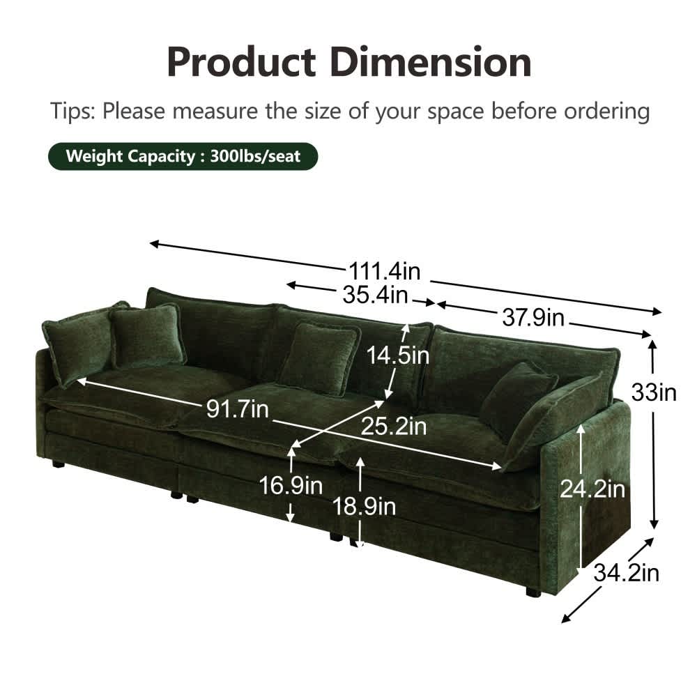 Coolbibila 3 Seat Mid Century Modern Green Chenille Sofa Solid Wood ...