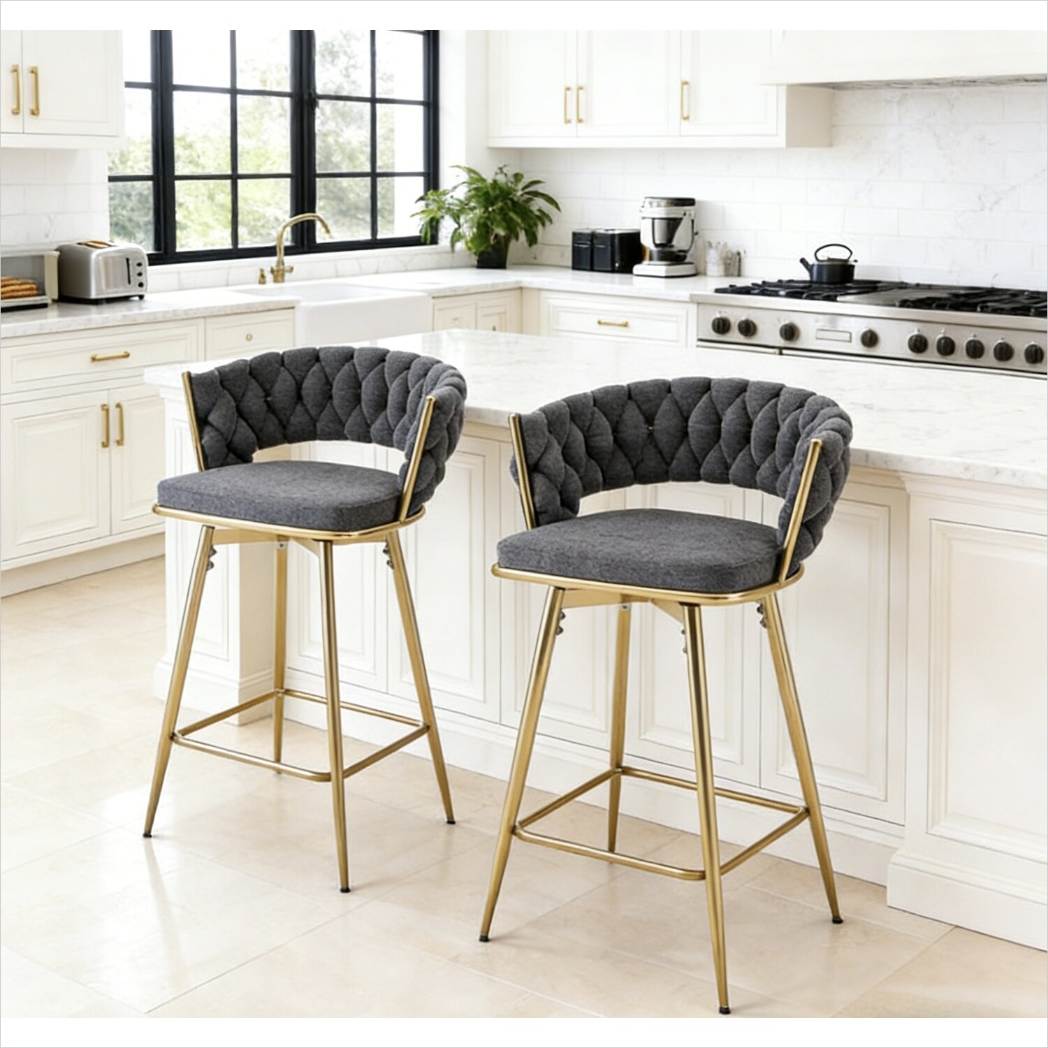 Watnature Cool Gray Modern Bar Stool with 360 Swivel Gold Metal Legs ...