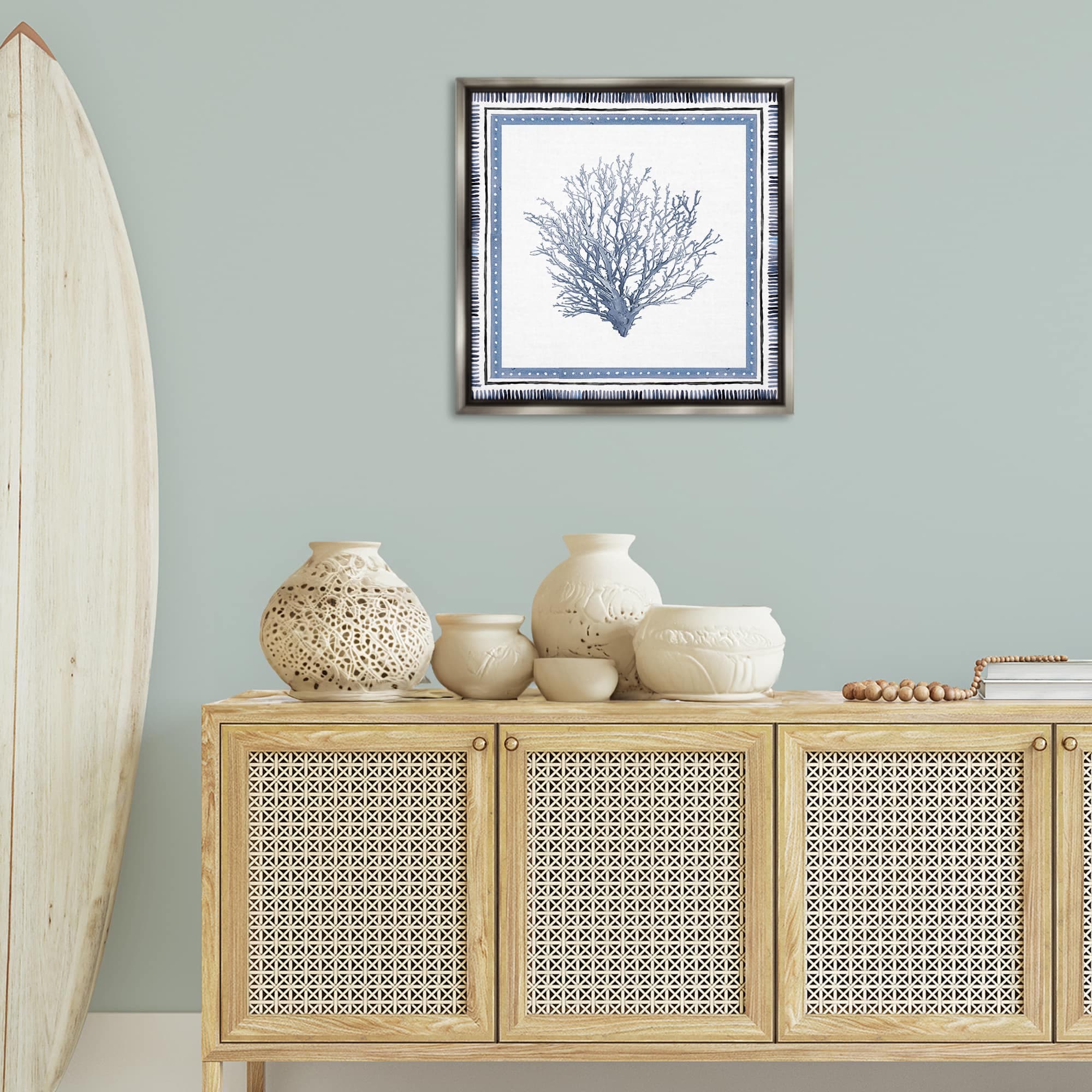 Stupell Industries Nautical Branch of Coral Gray Framed Floater Canvas ...