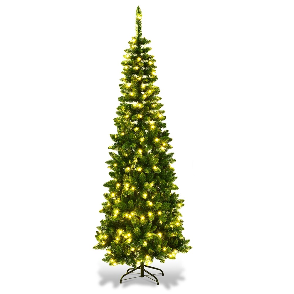 Costway 7.5ft Pre Lit Hinged Pencil Christmas Tree 350 White Lights in ...