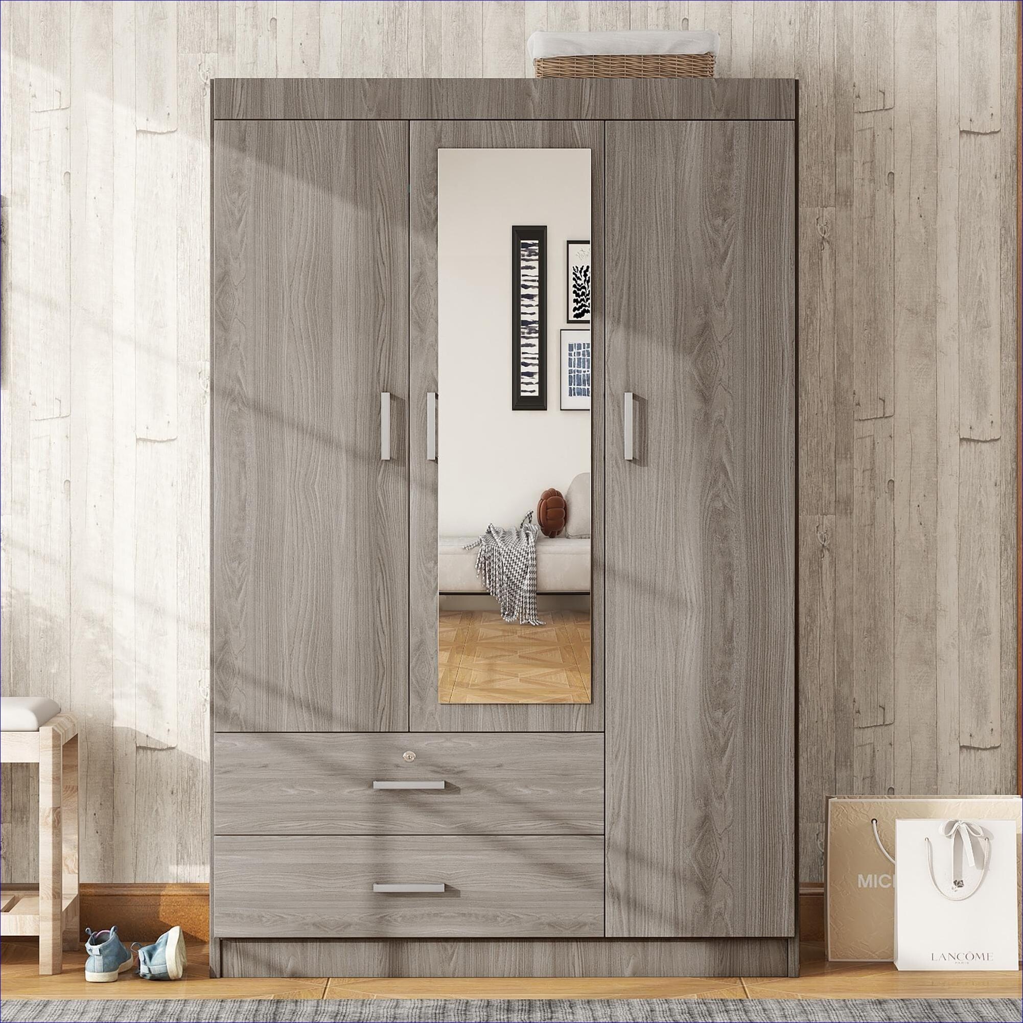 Watnature Plywood Soft Gray 3-Door Mirror Wardrobe With Drawers and ...