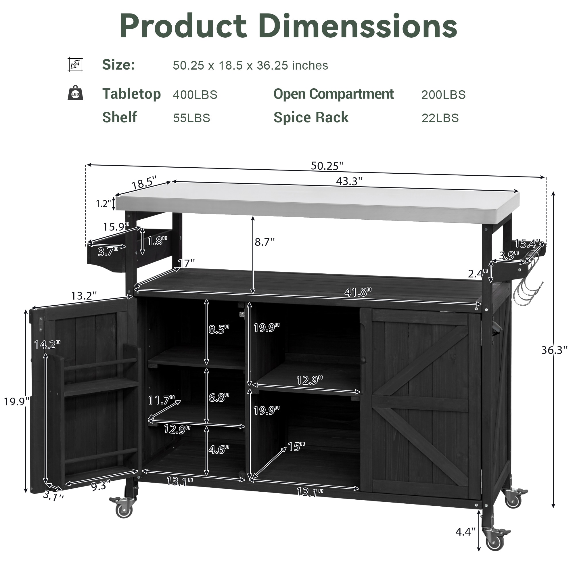 Bybafun Stainless Steel Top Black Douglas fir Outdoor Serving Cart in ...