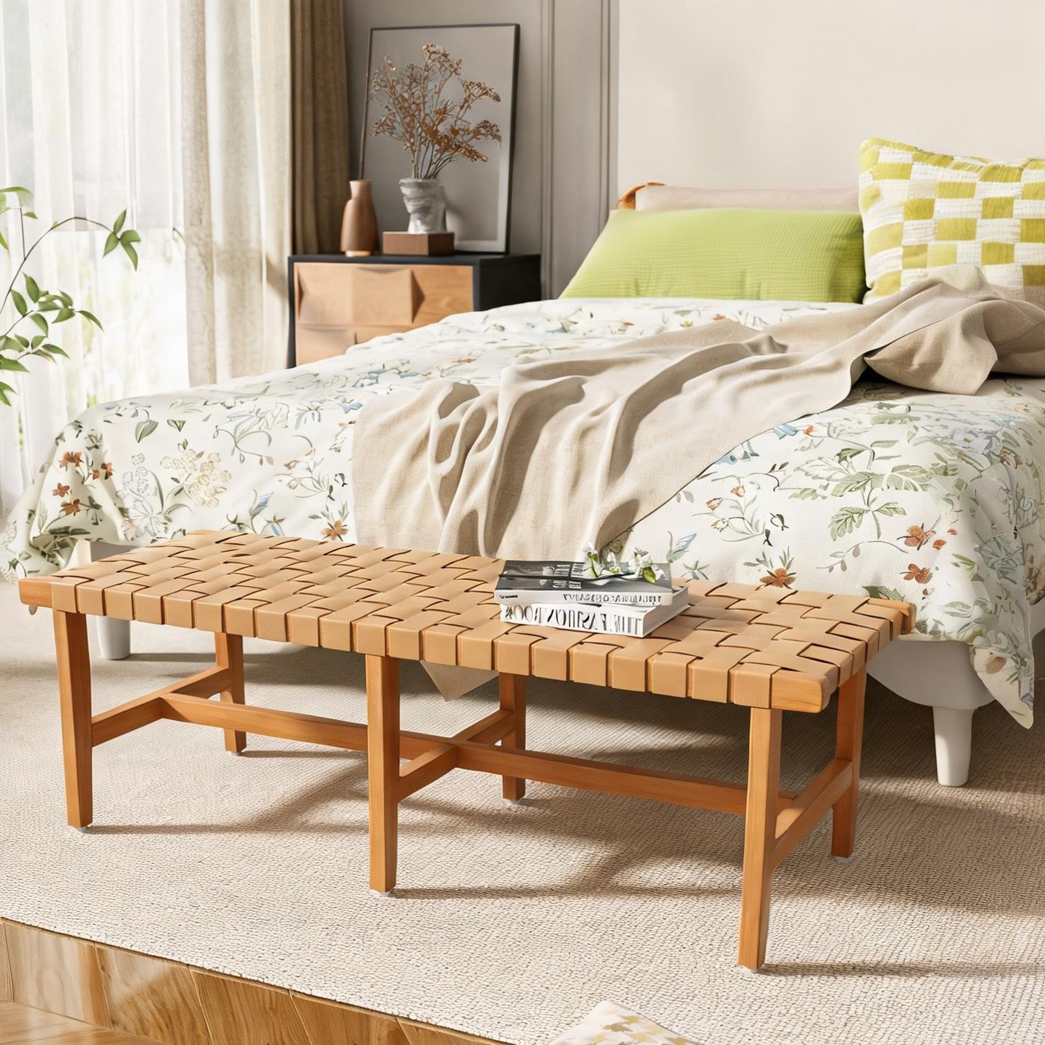 Watnature 54.5-Inch Foot Stool Bench Modern Woven PU Leather Seat ...