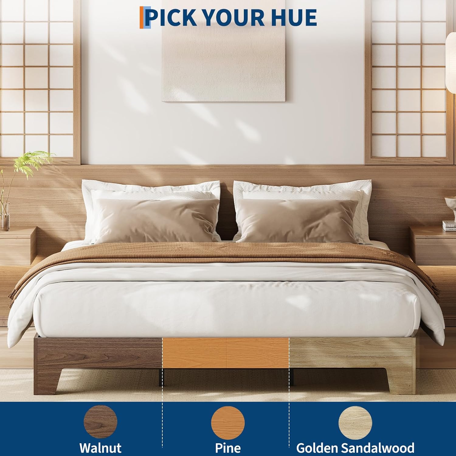 Garvee California King Nature Platform Bed Solid Wood Frame Strong ...