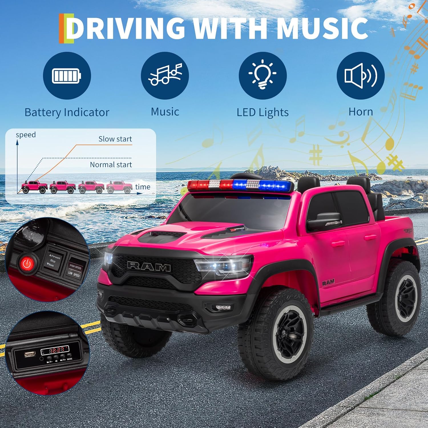 Garvee 12V Licensed RAM 2 Seater Ride On Police Truck for Kids/ Remote ...