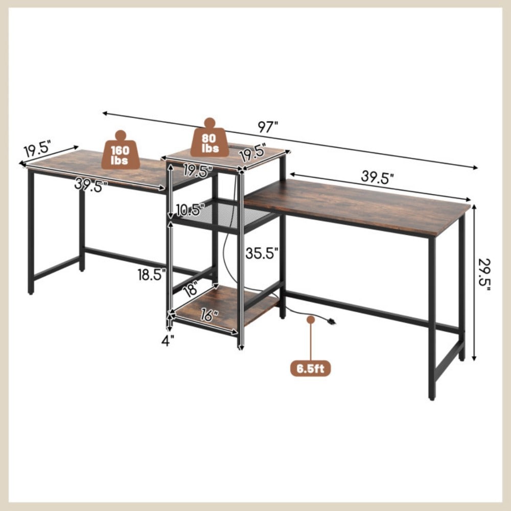 Fenbeli Two Person Computer Desk with Power Outlet Storage Shelves and ...