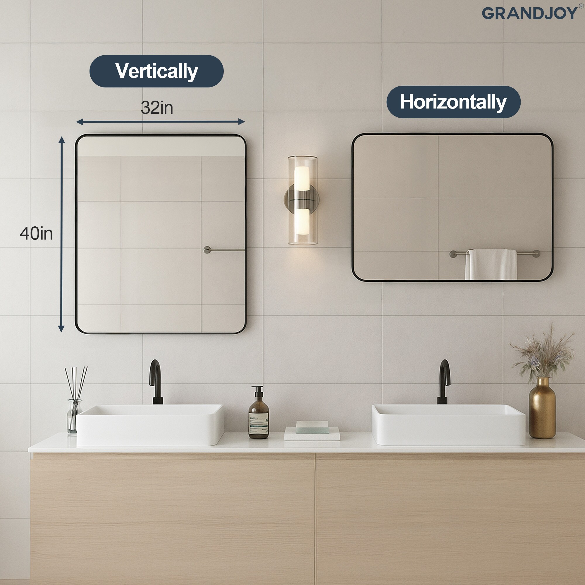 GRANDJOY 40 x 32 in Rounded Rectangle Wall Mounted Bathroom Mirror ...