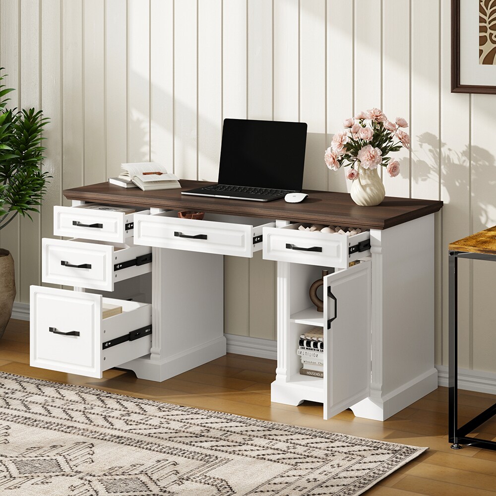 Homsee 59-Inch White Computer Desk with 5 Drawers and Cabinet Door ...