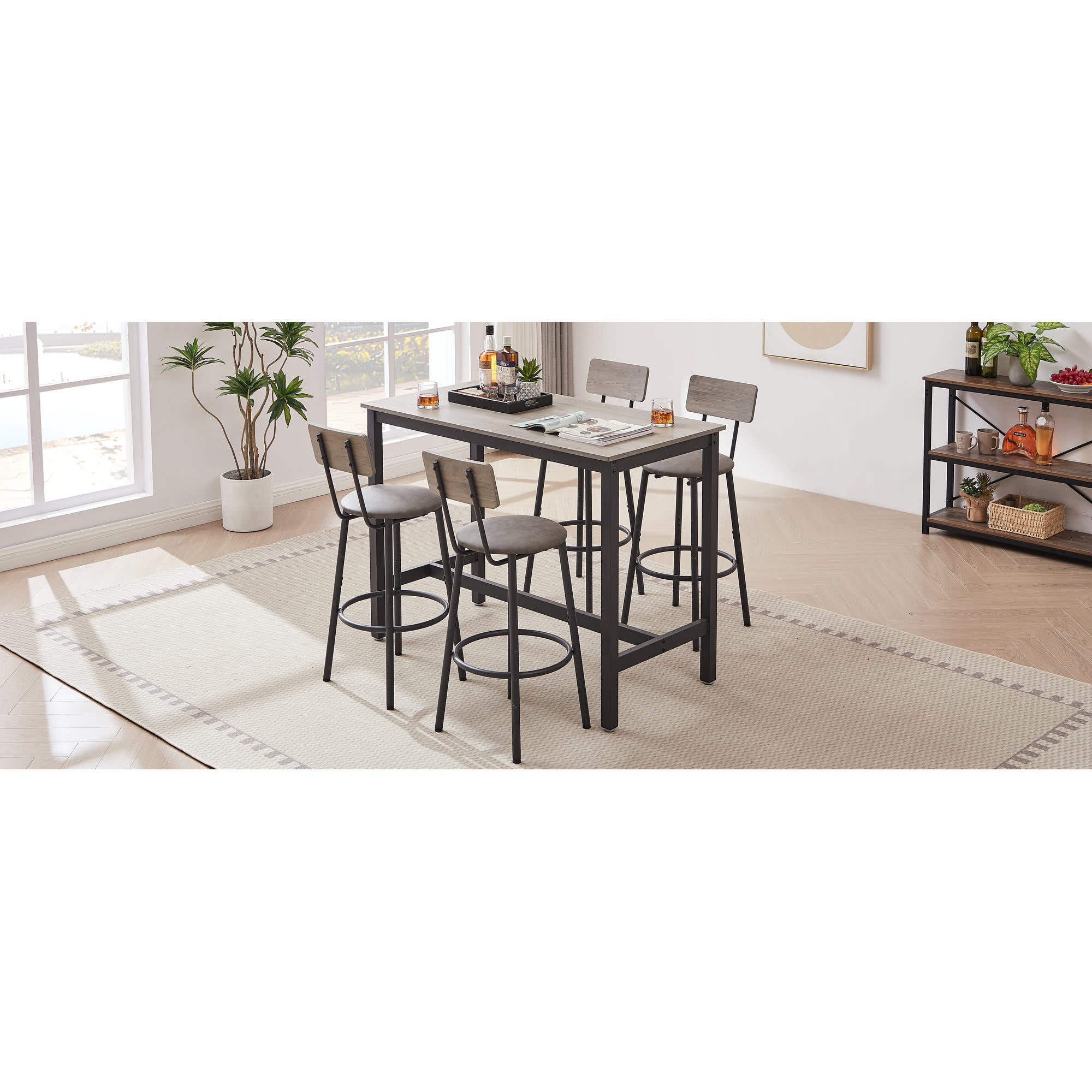 Aoibox 5 Piece Bar Table Set with 4 PU Leather Upholstered Stools ...