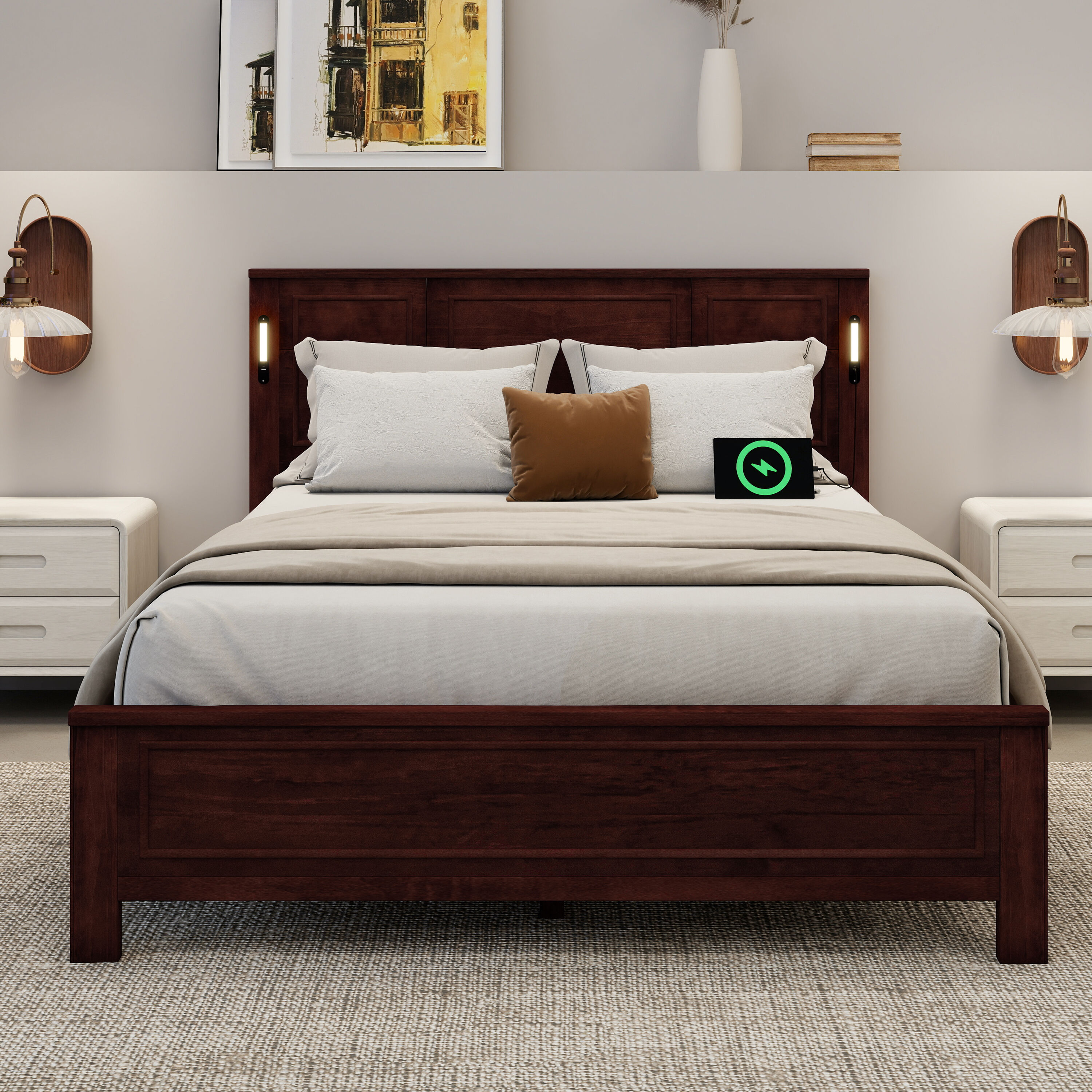 GDFStudio Queen Size Farmhouse Bed with Tall-Panel Headboard LED Lights ...