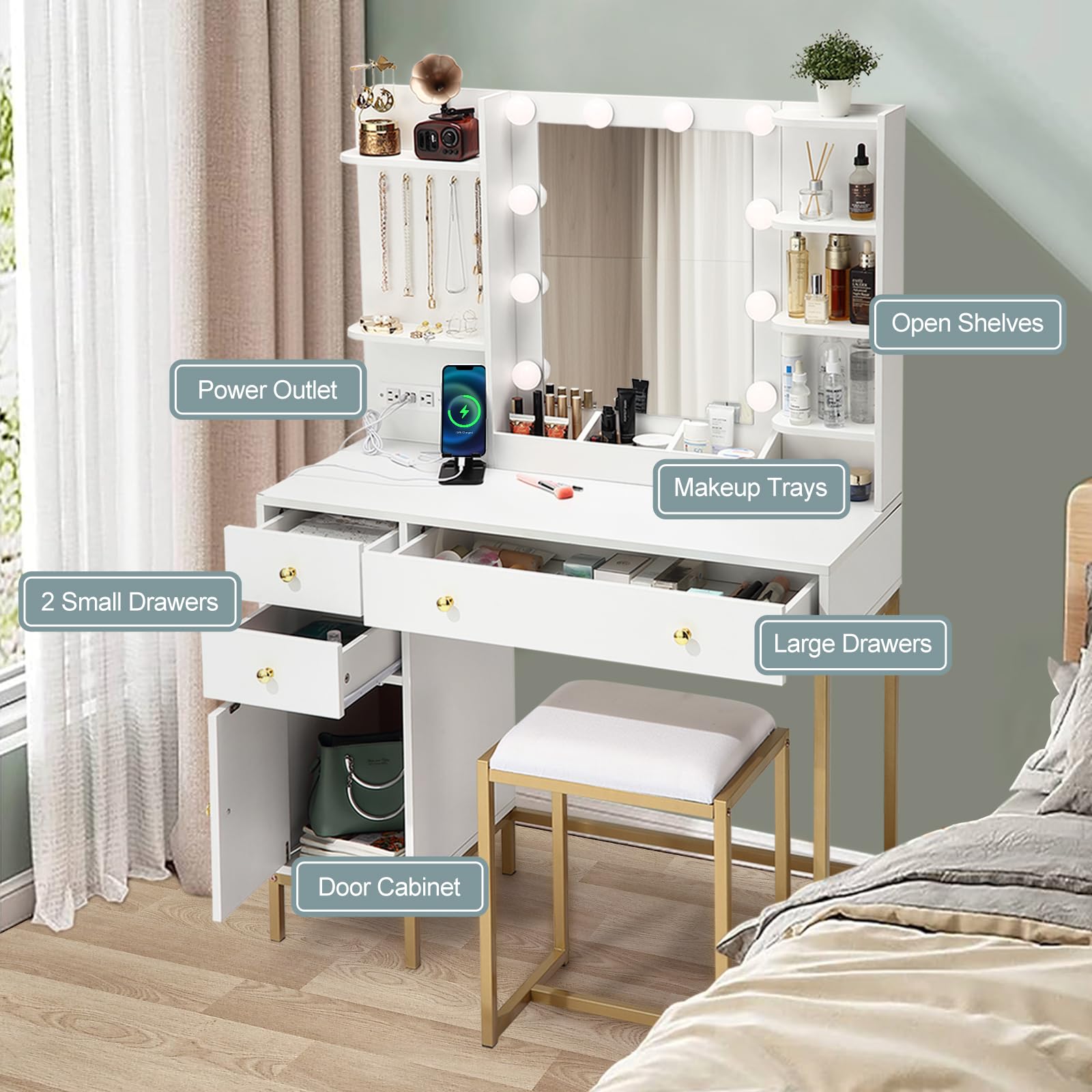 Garvee White Makeup Vanity Desk Set With LED Mirror Power Outlet Three ...