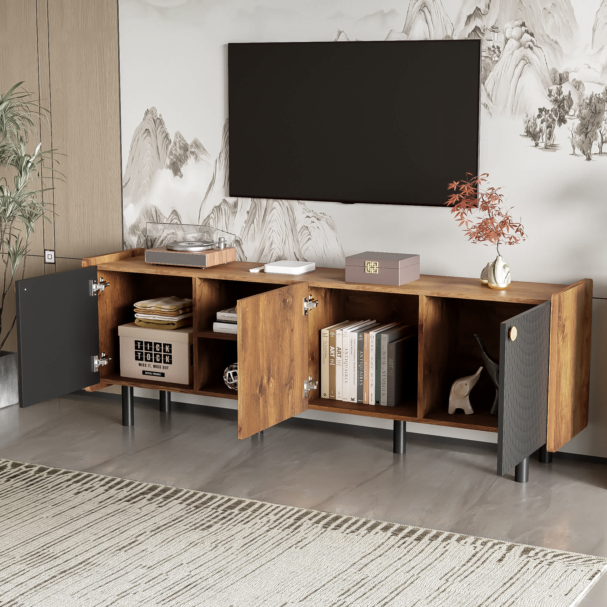 Misty Moon 61.81 Inch Brown TV Stand with 3 Cabinets Media Console ...