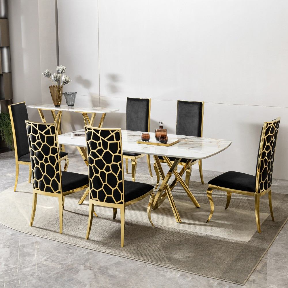 Coolbibila Modern MDF Marble Pattern Rectangular Dining Table with Gold ...