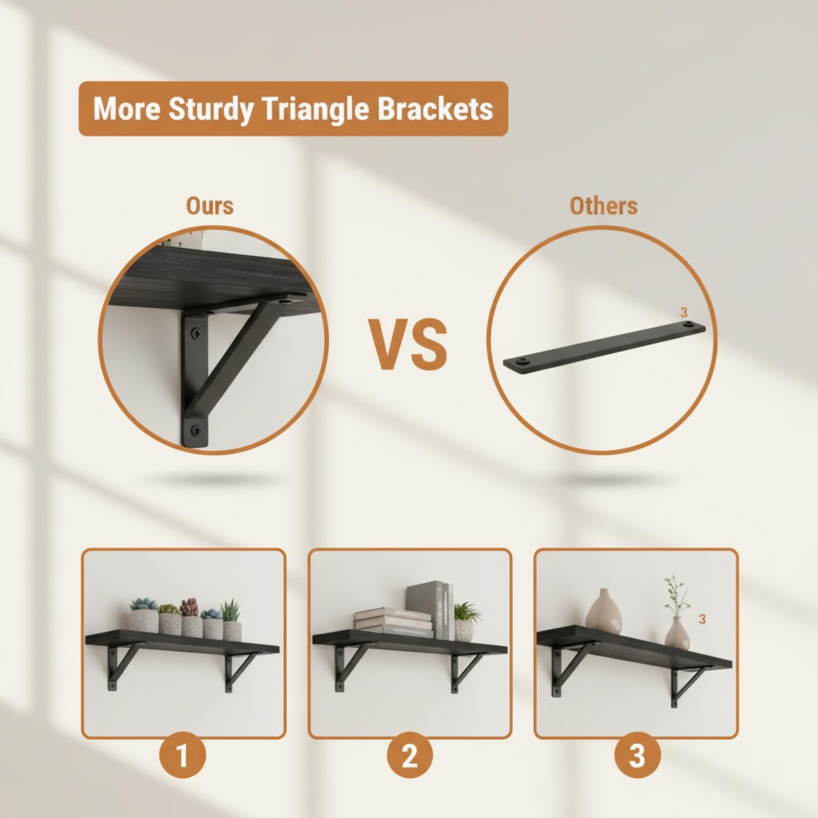 Baginizer Floating Wall Shelves Set Natural Wood Sturdy Metal Brackets ...