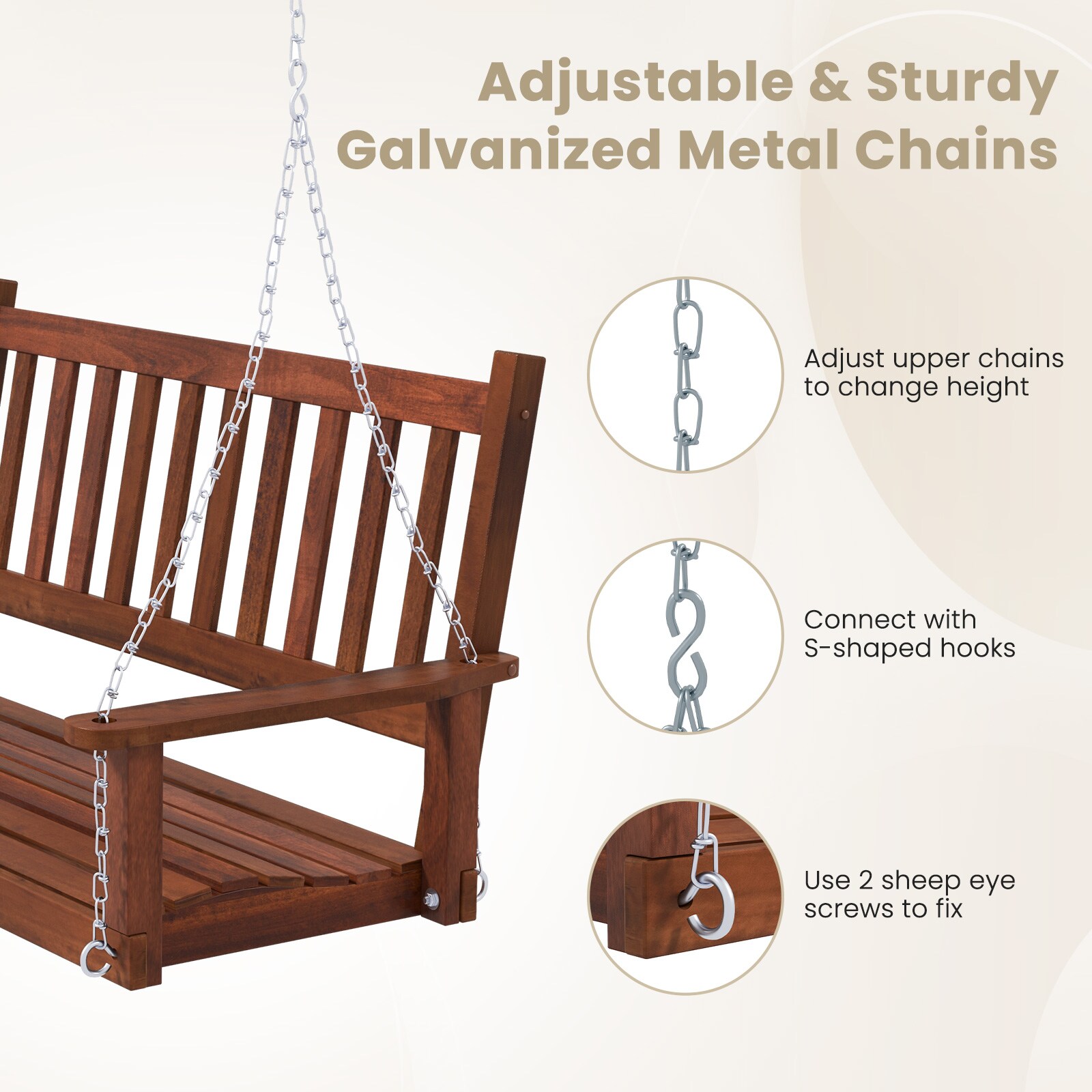 Volenca 53.5-in W 2-Person Wooden Outdoor Porch Swing in Brown 500-lb ...
