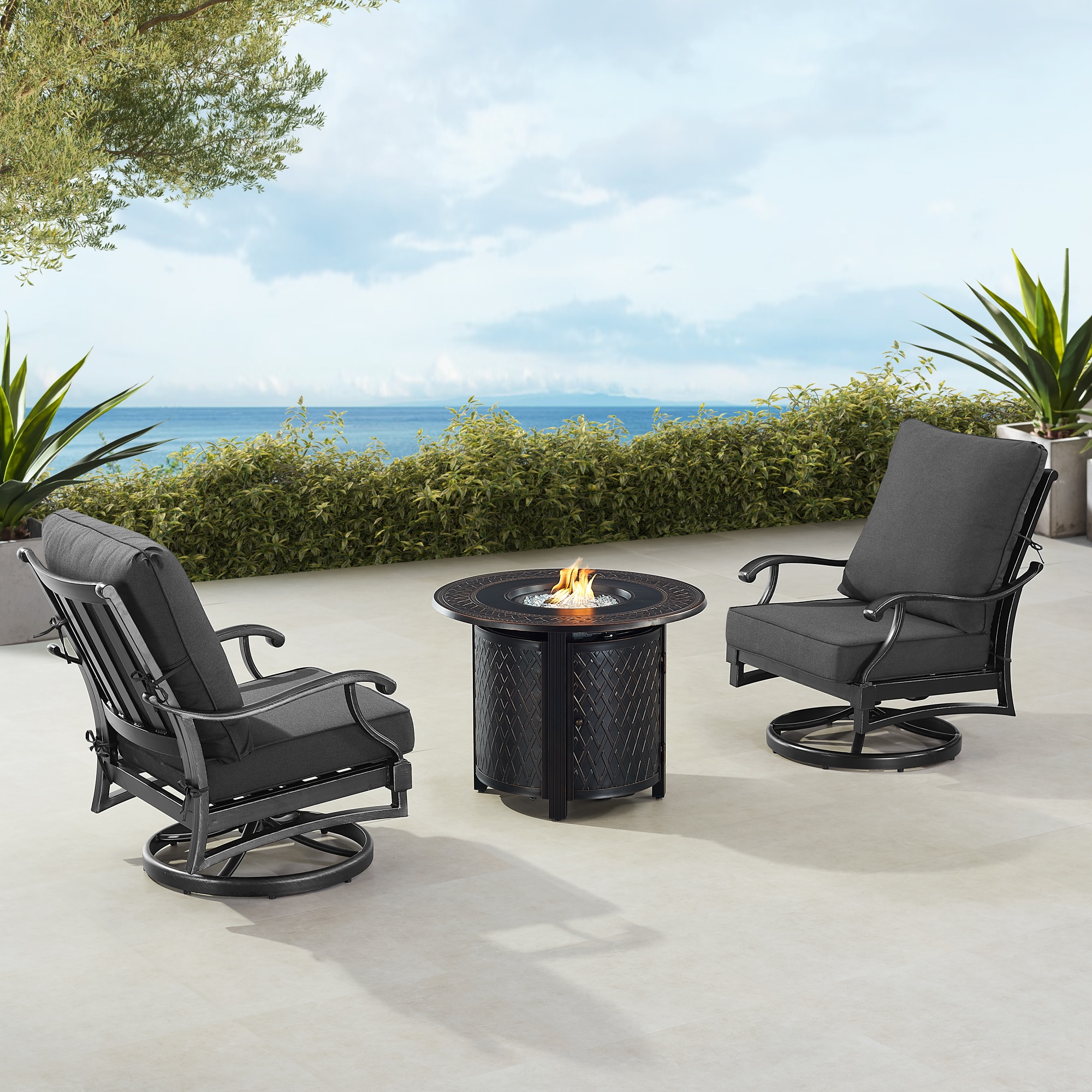 Oakland Living Fire Pit Table Bistro Set Two Lounge Chairs 7 Piece Patio Conversation Set with Black Cushions SHAO2CHRITZBKCUA at Lowes