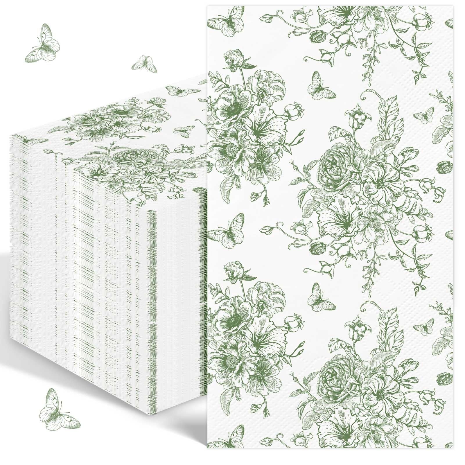 Vrbgify 100 pcs Green Floral Napkins Three Ply Disposable Hand Towels ...