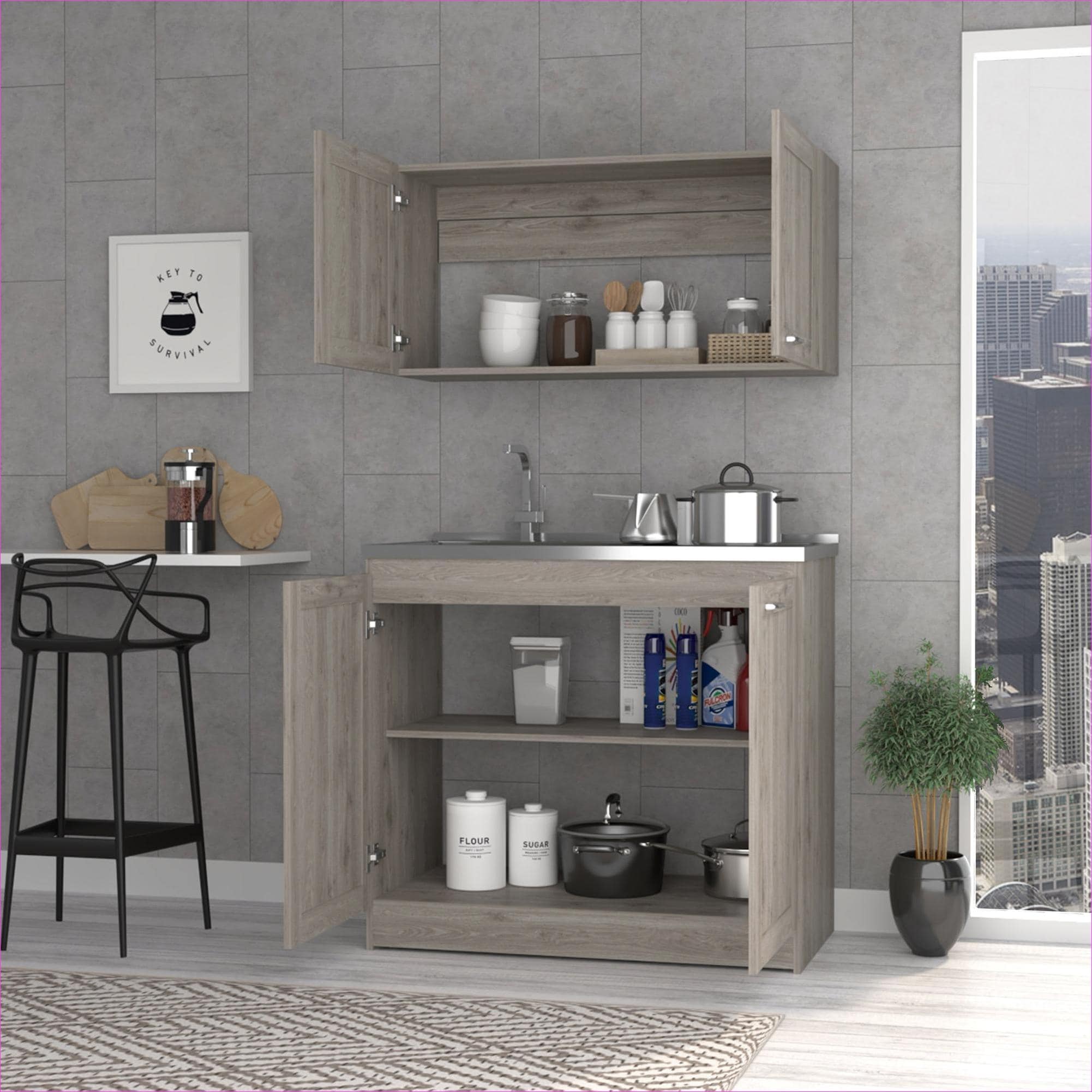 Watnature Particle Board Two-Piece Storage Cabinet Set Slate Gray for ...