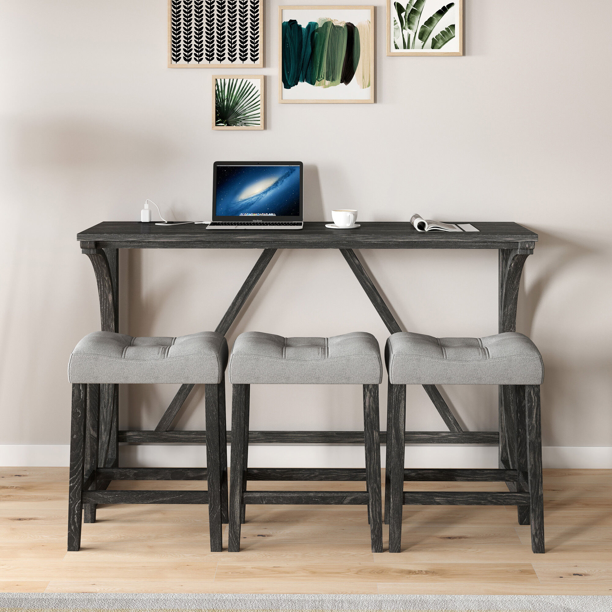 JEAREY 4 Piece Industrial Bar Table Set with Power Outlet and 3 Fabric ...
