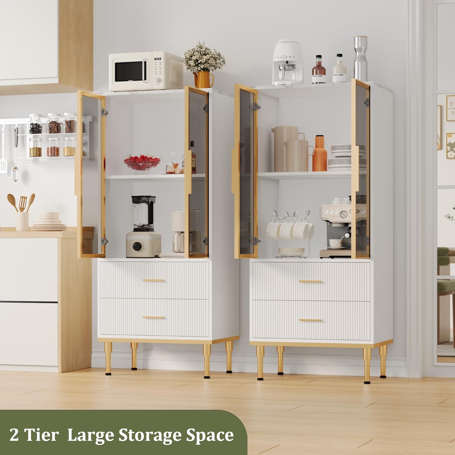 Qeetex Fluted Storage Cabinet with Glass Door and 2 Drawers - Modern ...